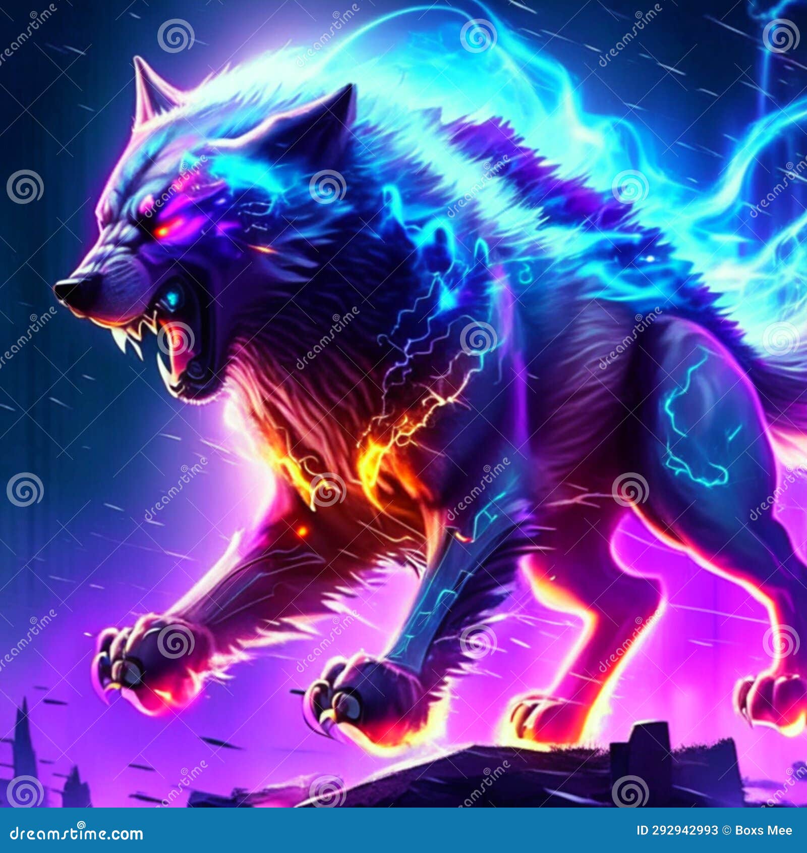 Illustration of a Powerful Wolf in Neon Light, 3d Rendering AI ...