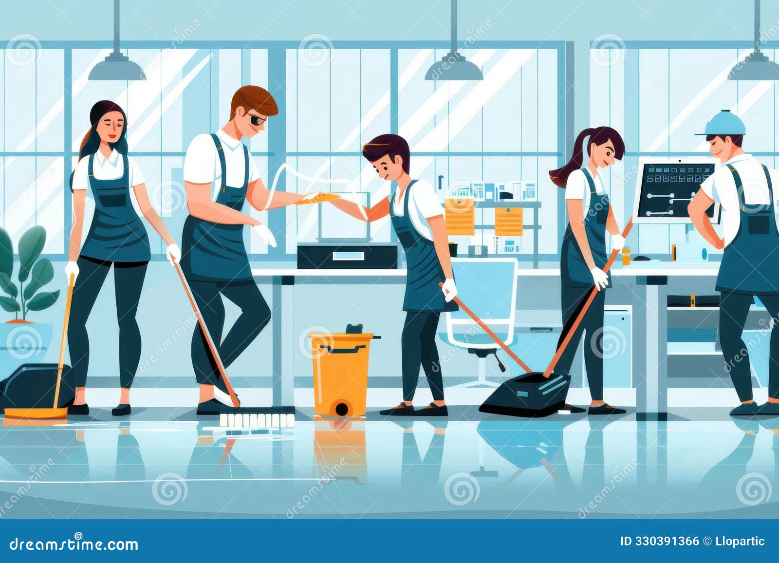 Illustration of a Professional Cleaning Team Working in an Office ...