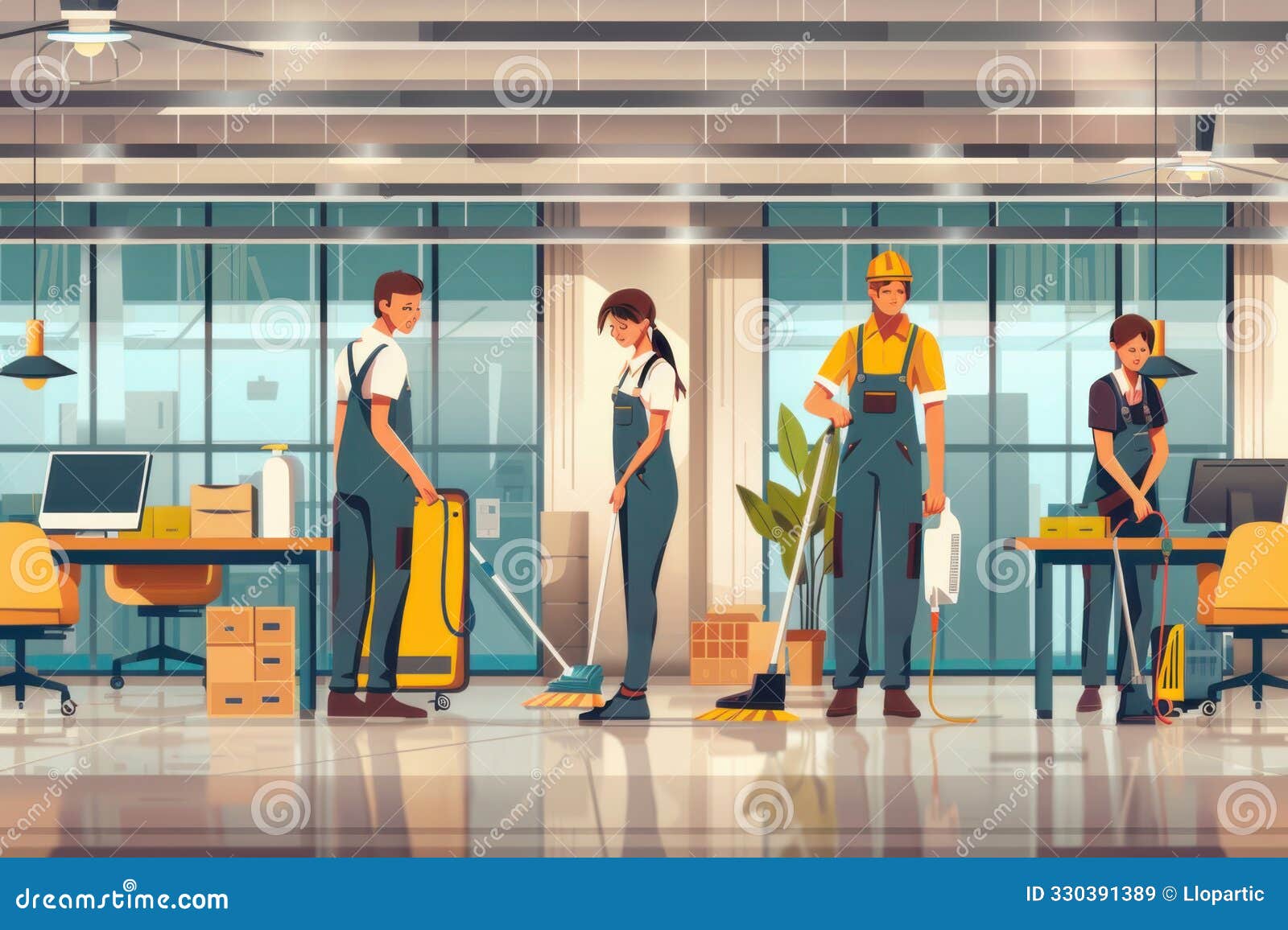 Illustration of a Professional Cleaning Team Working in an Office ...