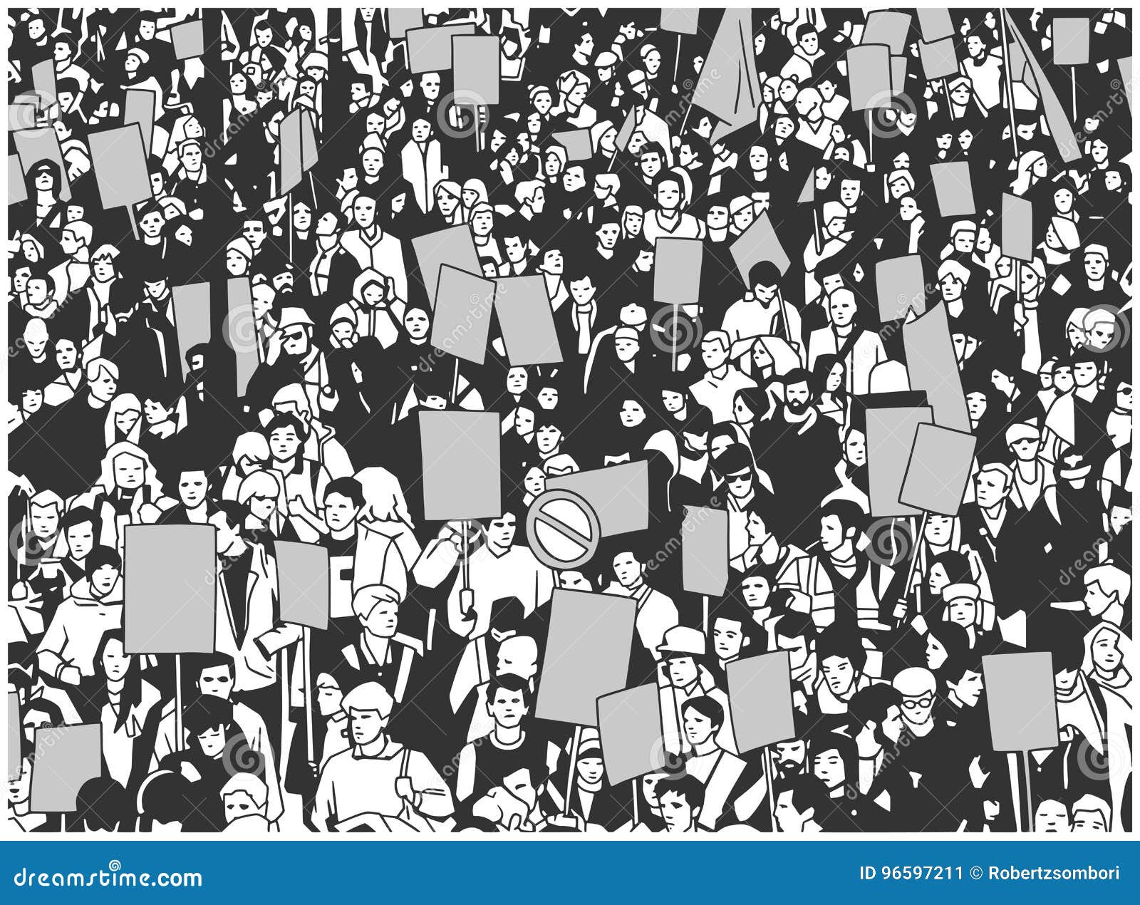 Illustration of Protesting Crowd with Blank Signs and Banners from High ...