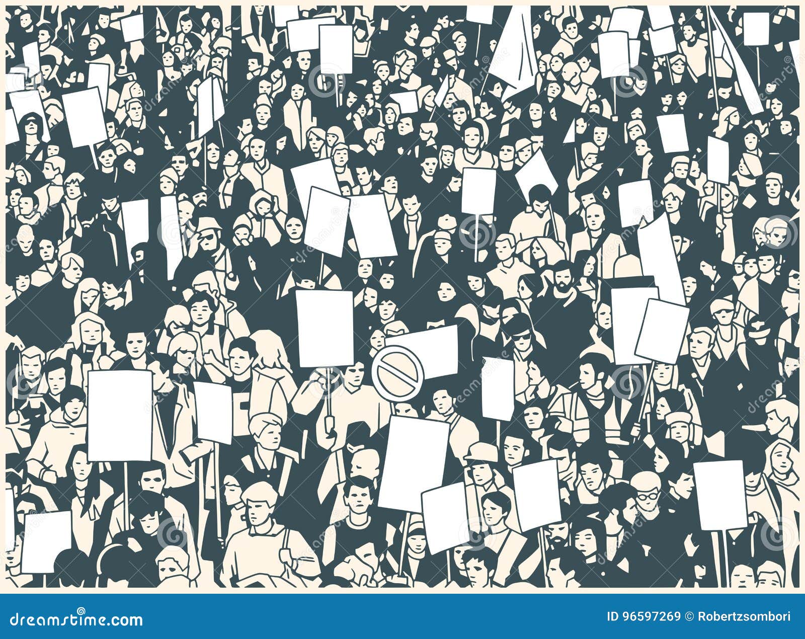 Illustration of Protesting Crowd with Blank Signs and Banners from High ...