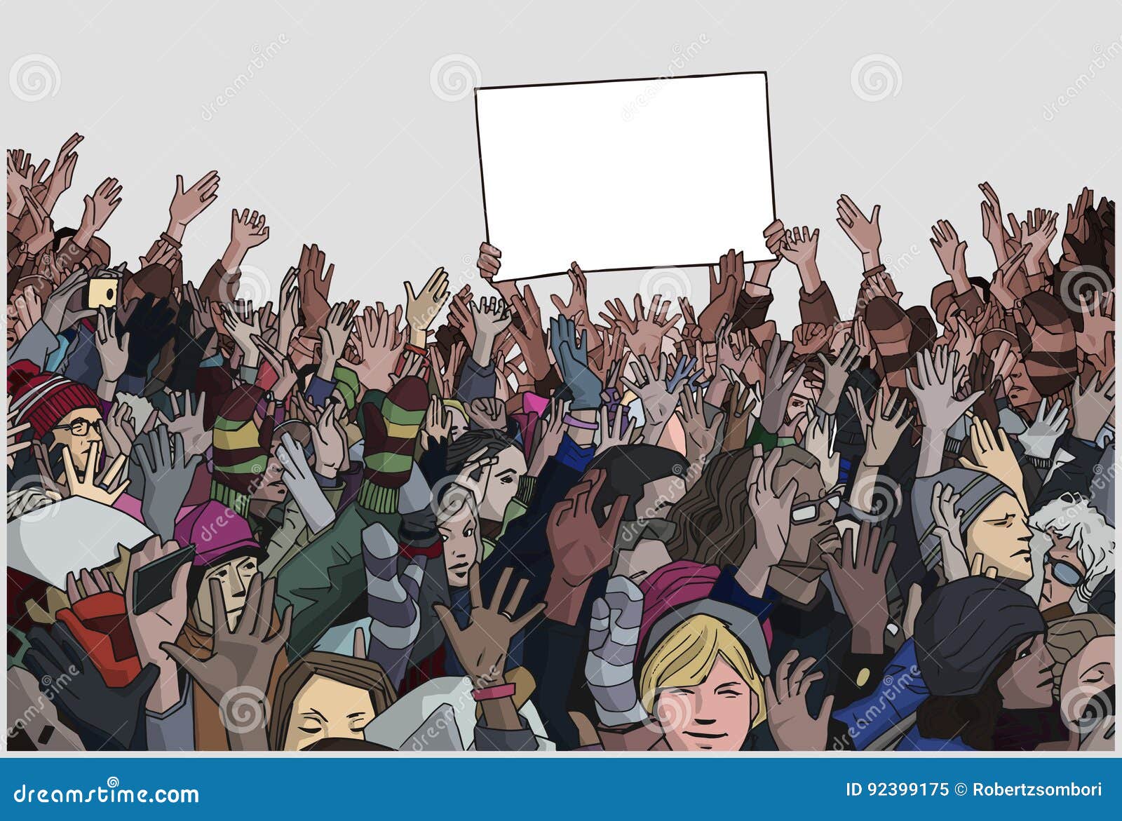 Illustration of Protesting Crowd with Raised Hands and Blank Sign in ...