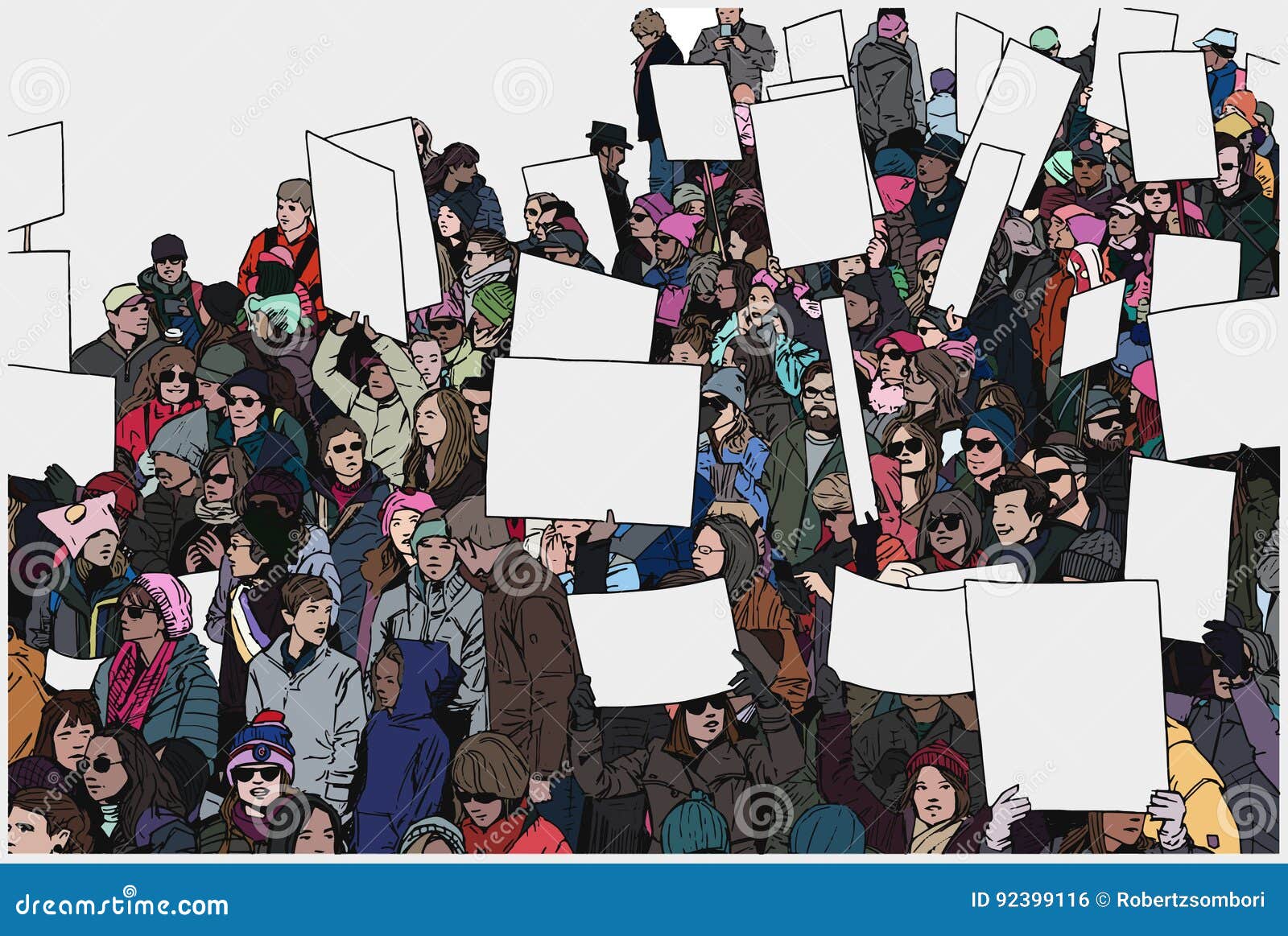 Illustration of Protesting Crowd with Raised Hands and Blank Signs in ...