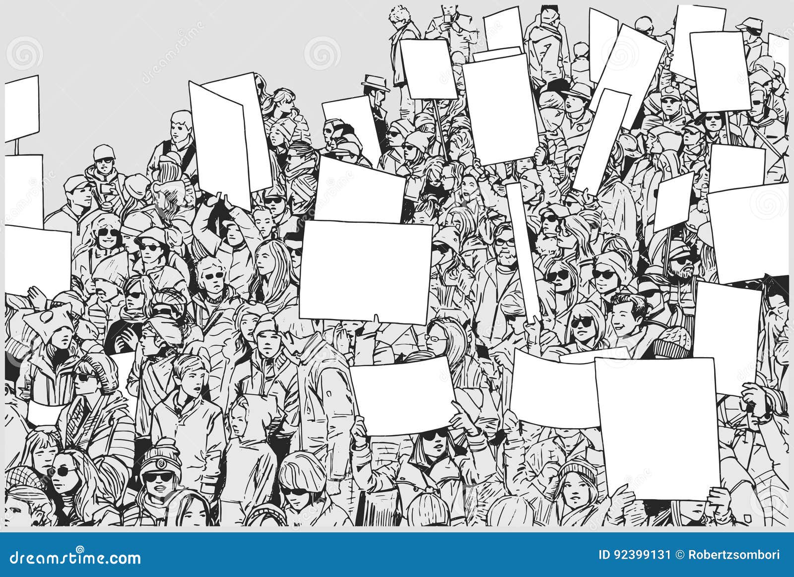Illustration of Protesting Crowd with Raised Hands and Blank Signs ...
