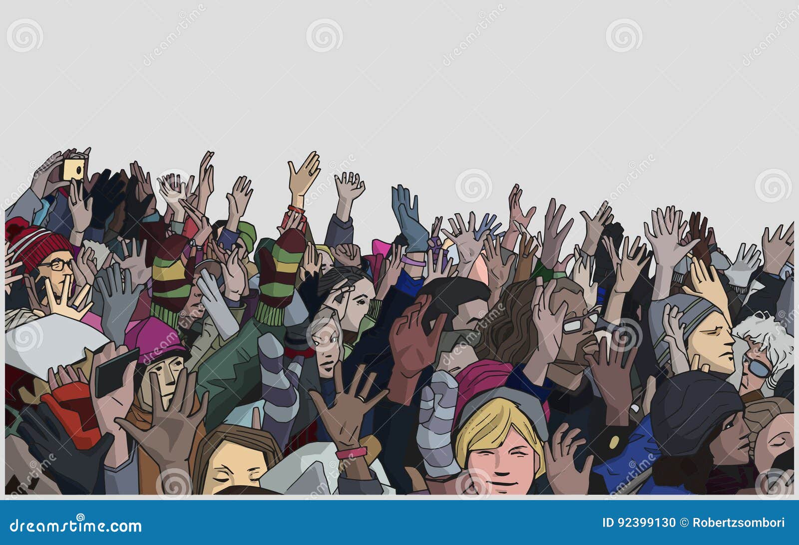 Illustration of Protesting Crowd with Raised Hands in Color Stock ...