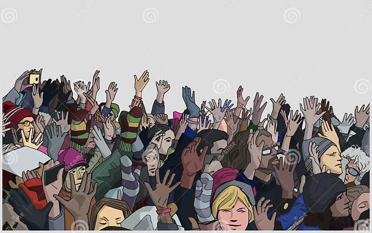 Illustration of Protesting Crowd with Raised Hands in Color Stock ...