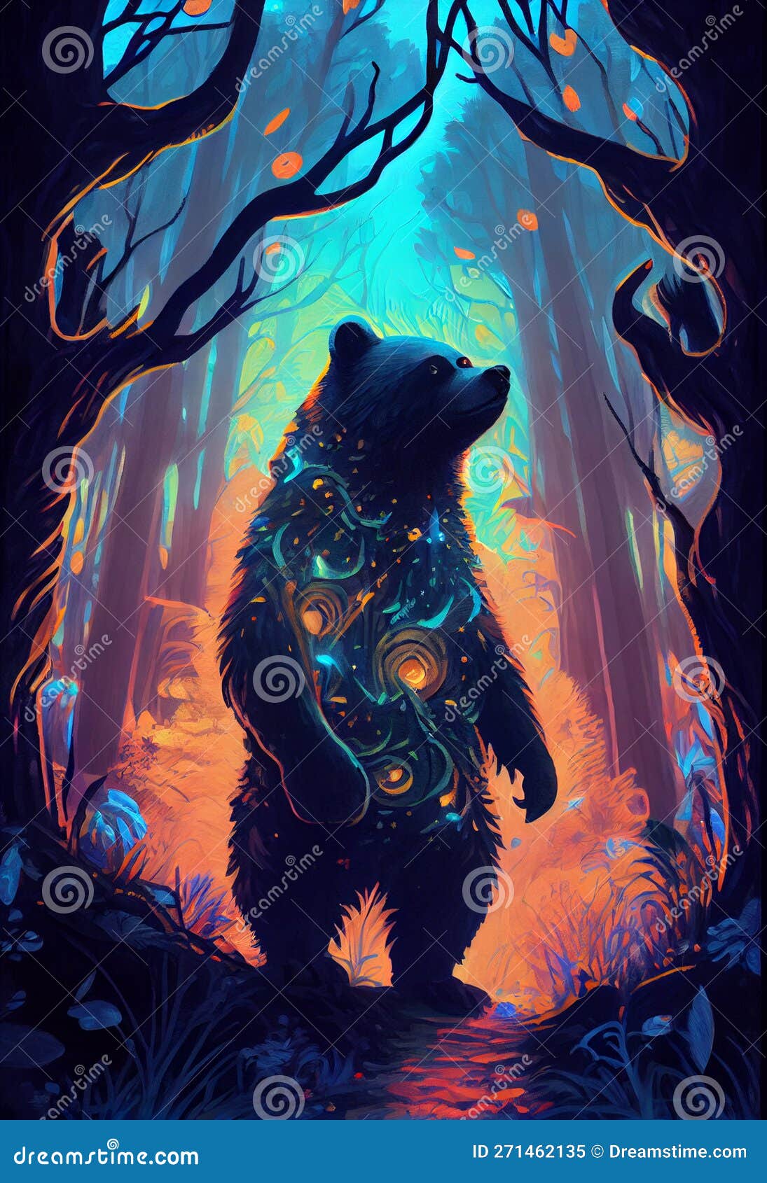 Illustration of Psychadelic Bear in a Glowing Enchanted Forrest Stock ...