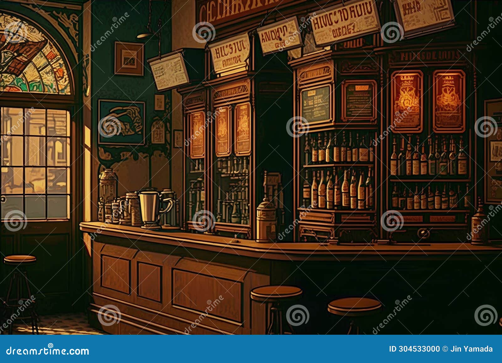 Illustration of a Pub Interior with a Bar Counter and Bottles. Stock ...