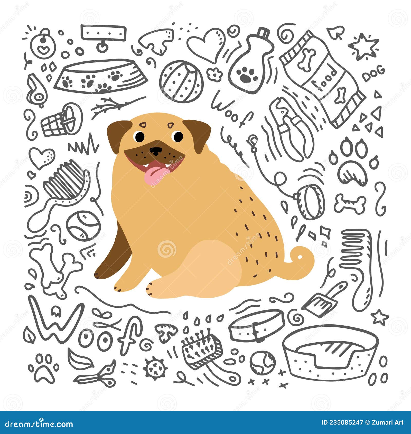 Illustration of Pug with Dog Elements in Doodle Stock Vector ...