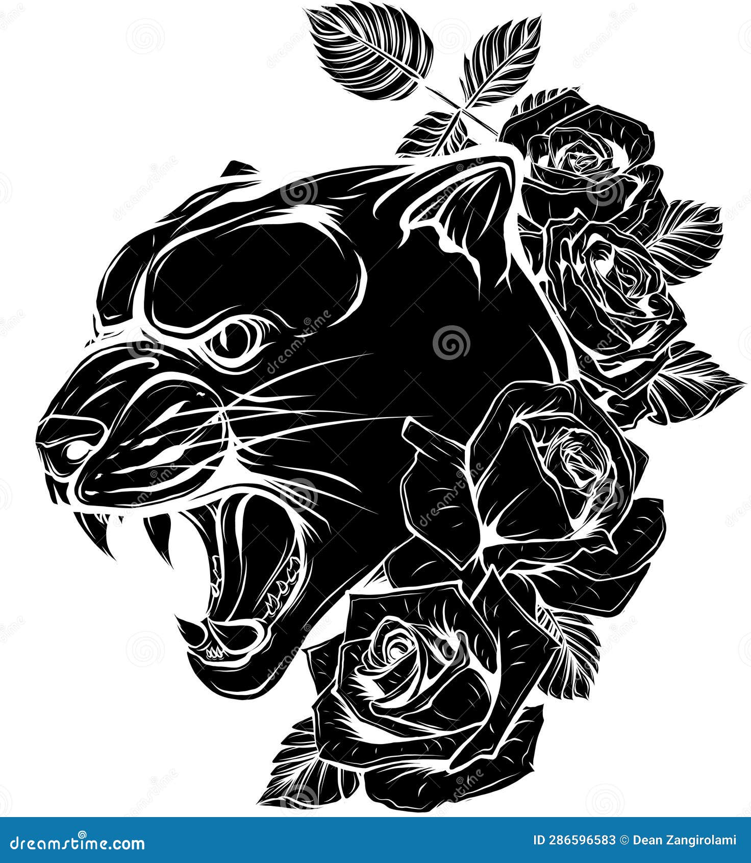 Black Silhouette of Puma Head with Roses Stock Illustration ...