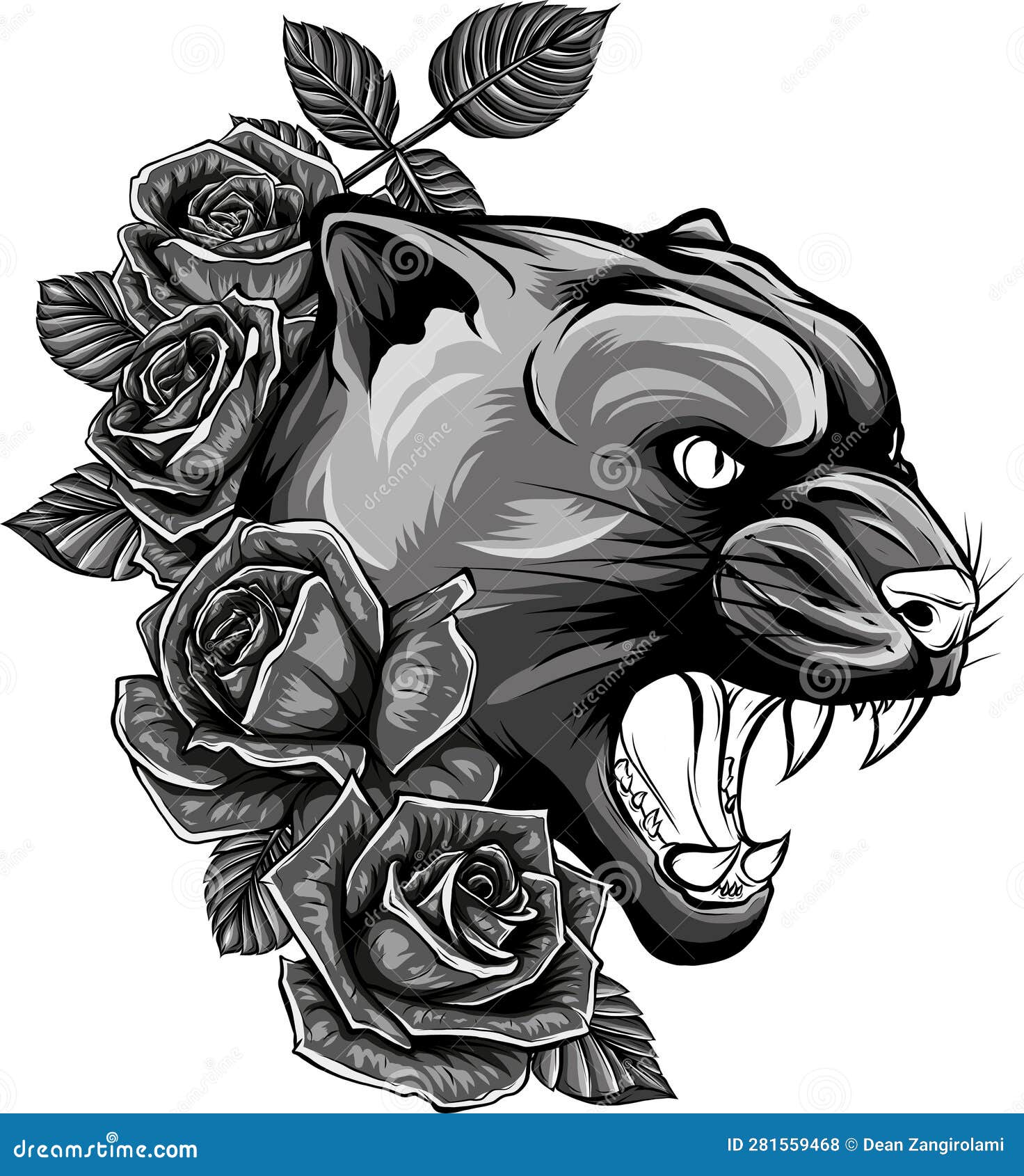 Monochromatic Illustration of Puma Head with Roses Stock Vector ...