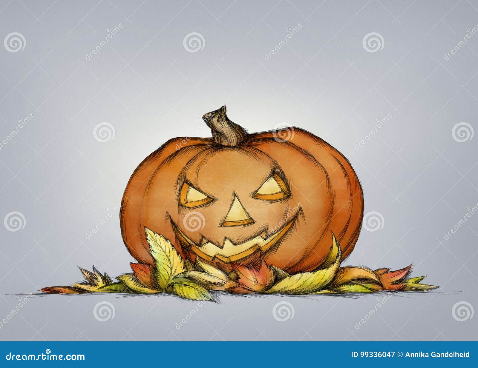 Pumpkin with Grim Face Expression in Autumn Leaves Stock Illustration ...