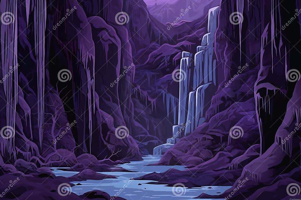 Illustration of a Purple Cave with a Waterfall in the Middle Stock ...