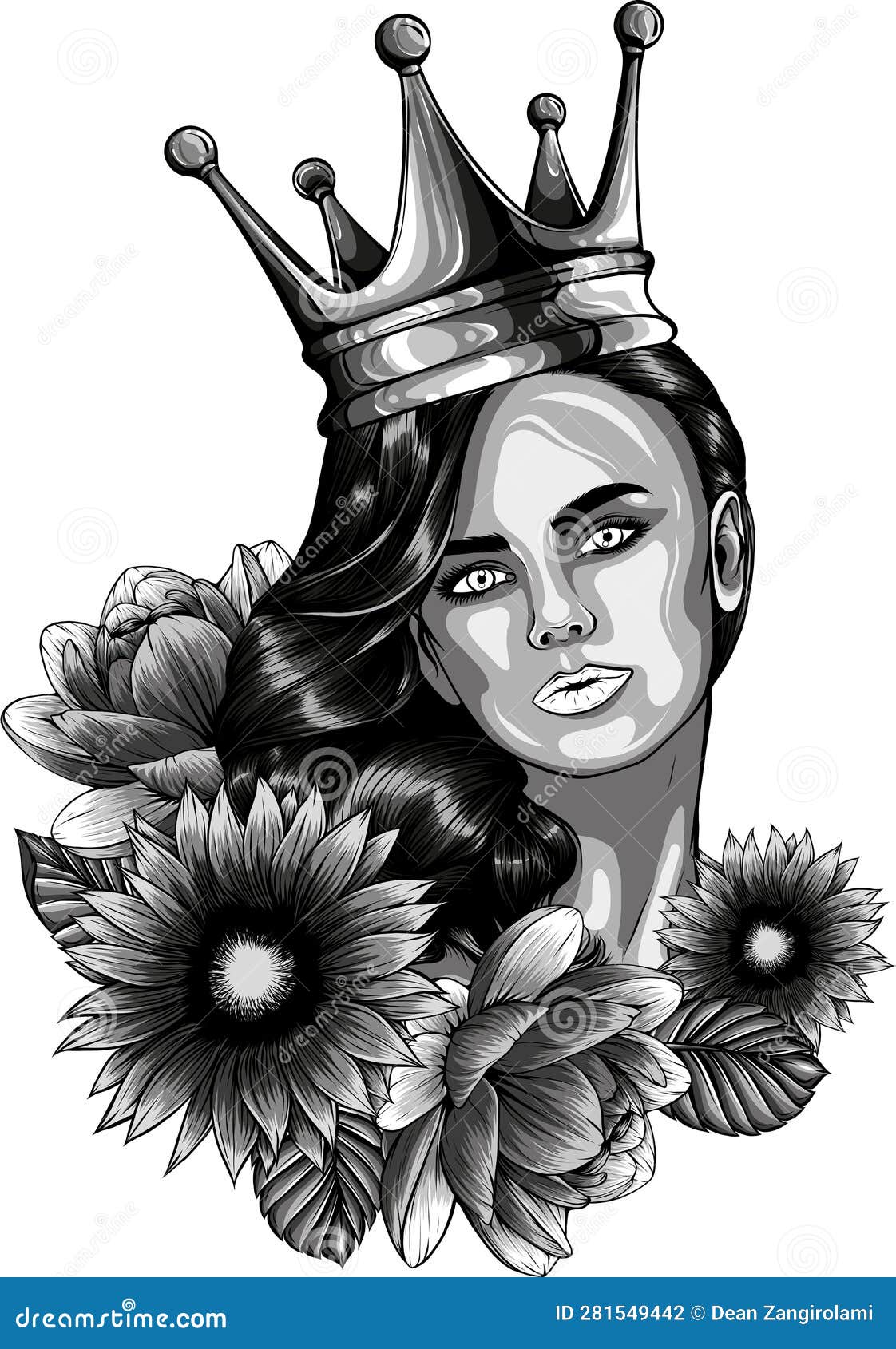 Monochromatic Illustration of Queen Head with Flower Stock Vector ...