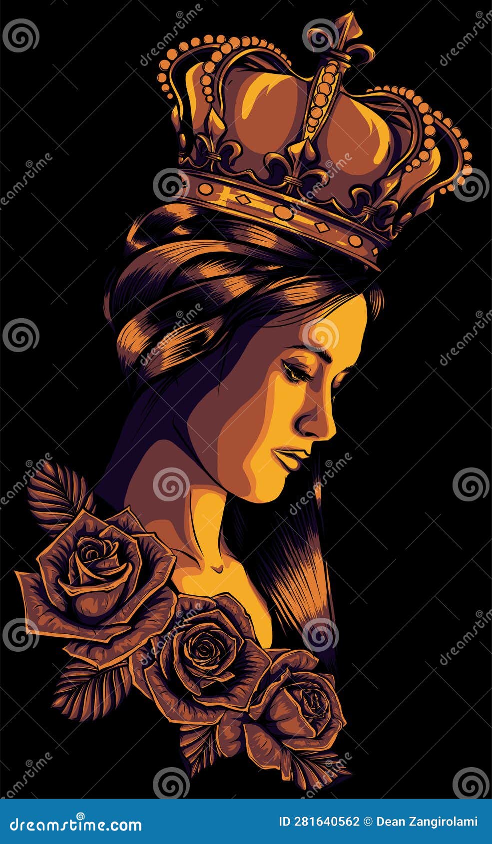 Illustration of Queen with Crown and Roses on Black Background Stock ...