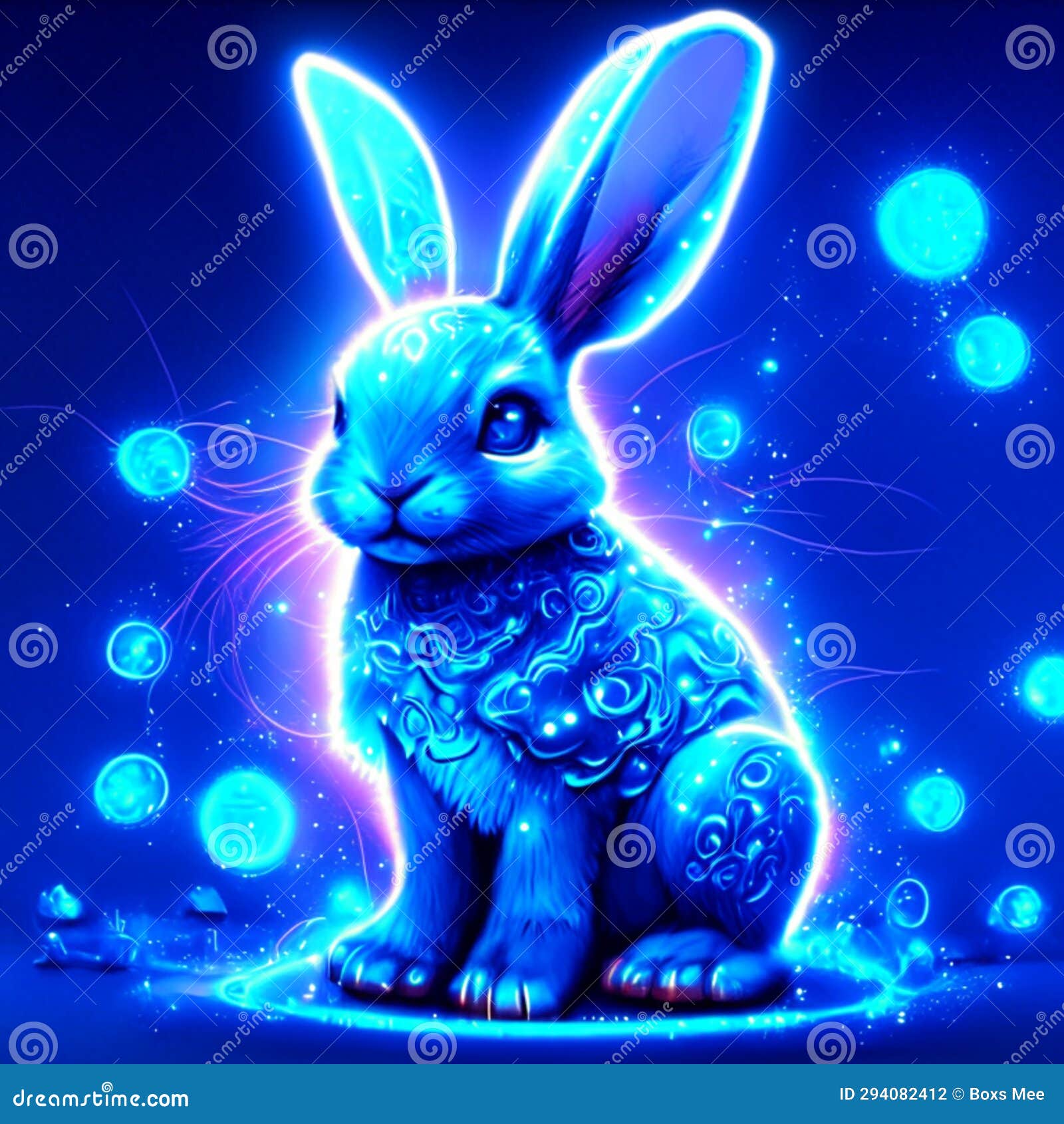 Illustration of a Rabbit on a Blue Background with Neon Lights ...