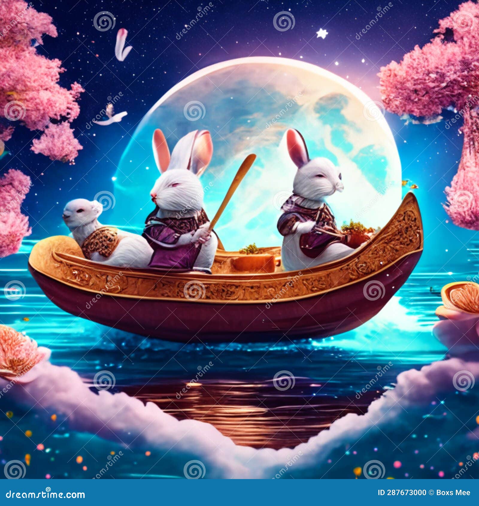 Illustration of a Rabbit in a Boat on the Background of the Moon AI ...