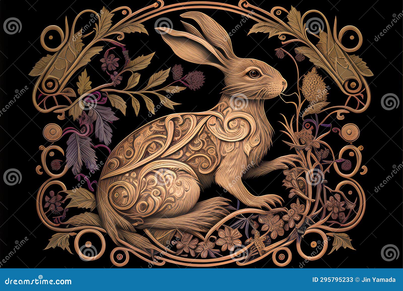 Illustration of a Rabbit in a Decorative Frame on a Black Background ...