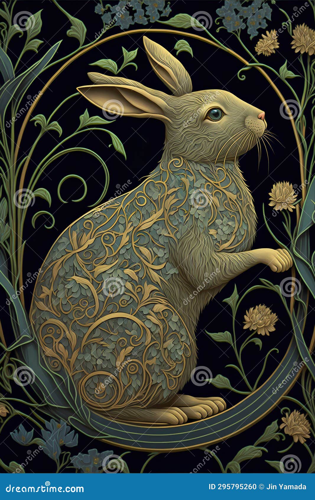Illustration of a Rabbit with a Floral Pattern on a Black Background ...