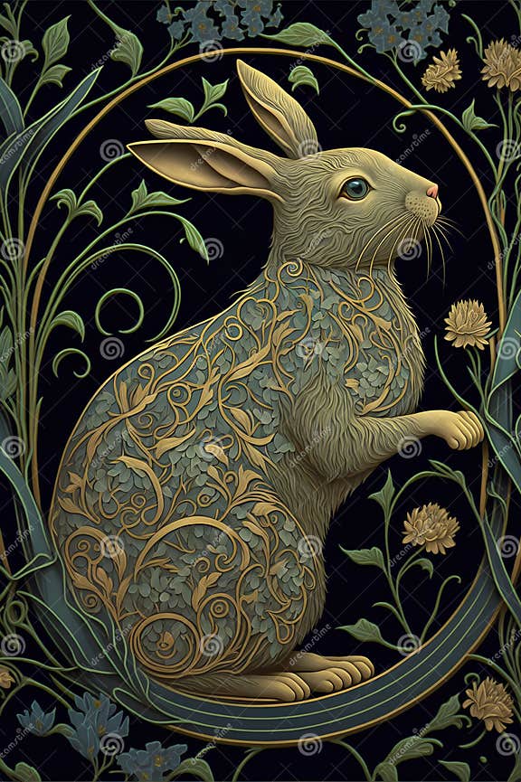 Illustration of a Rabbit with a Floral Pattern on a Black Background ...
