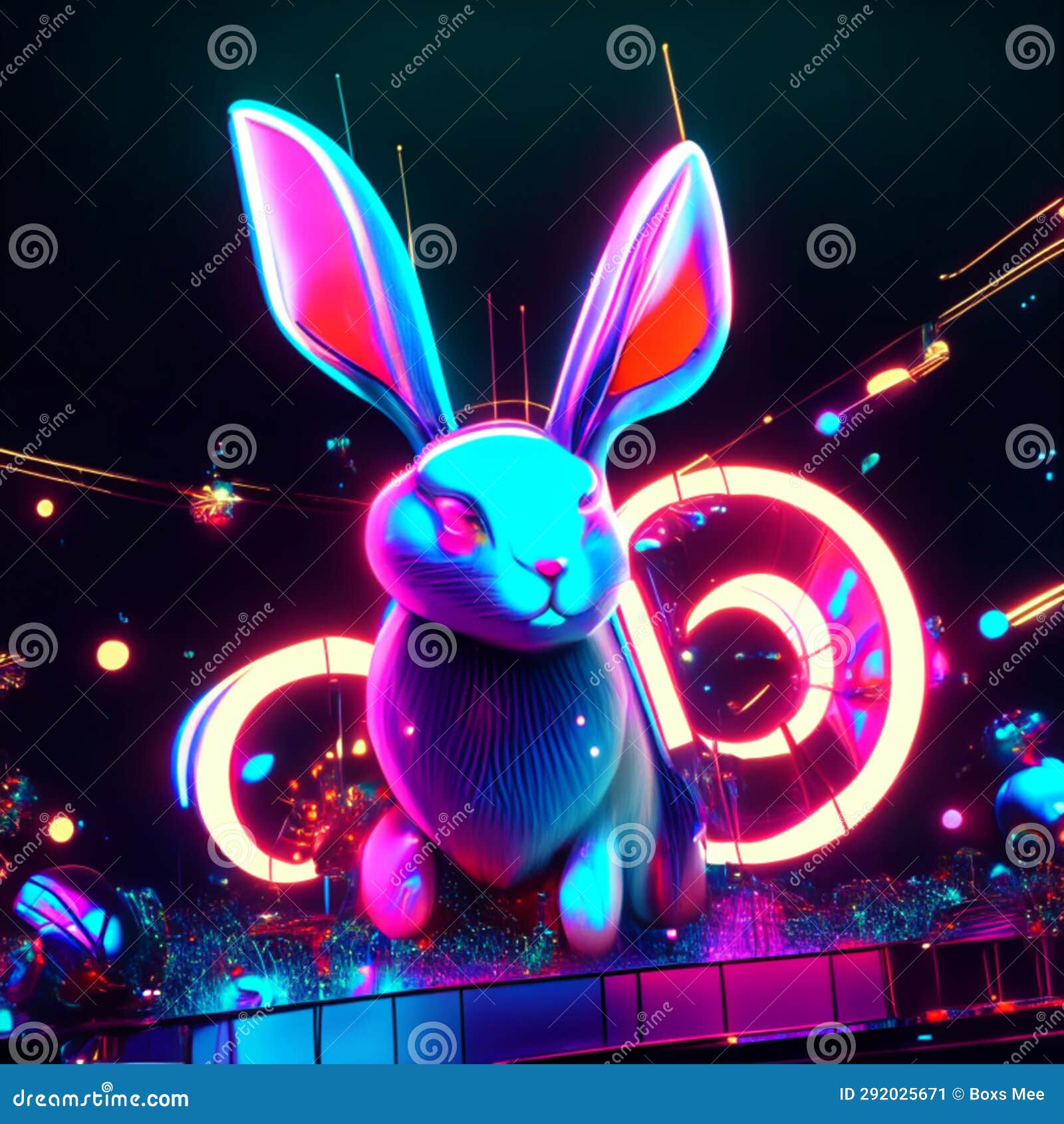Illustration of a Rabbit with Neon Lights. 3D Rendering Stock ...