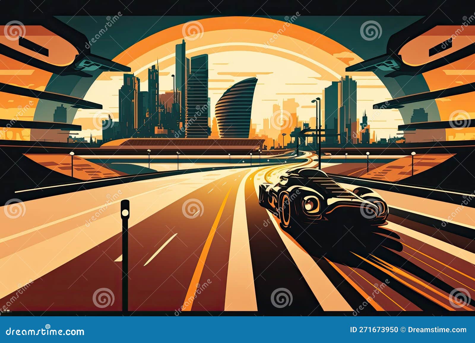 Illustration of a Racetrack in Fast Motion, Set Against a Cityscape ...