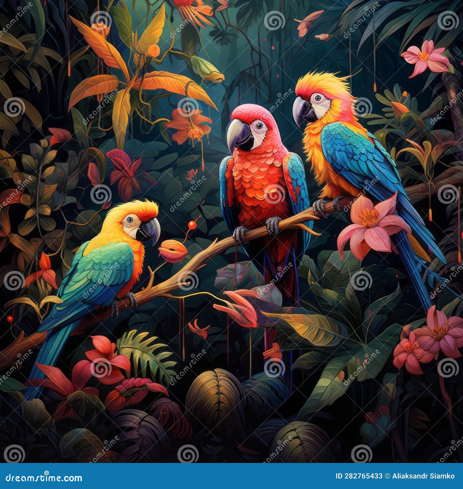 Illustration, Rainforest, Colorful Birds - Generative AI Stock ...