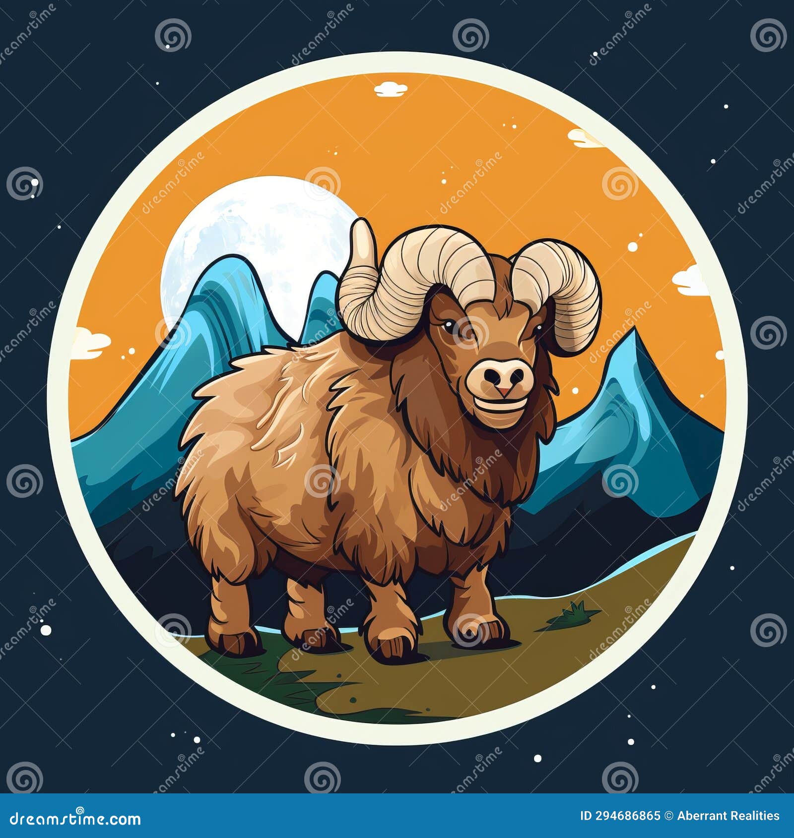 An Illustration of a Ram Standing in Front of a Mountain with a Moon in ...