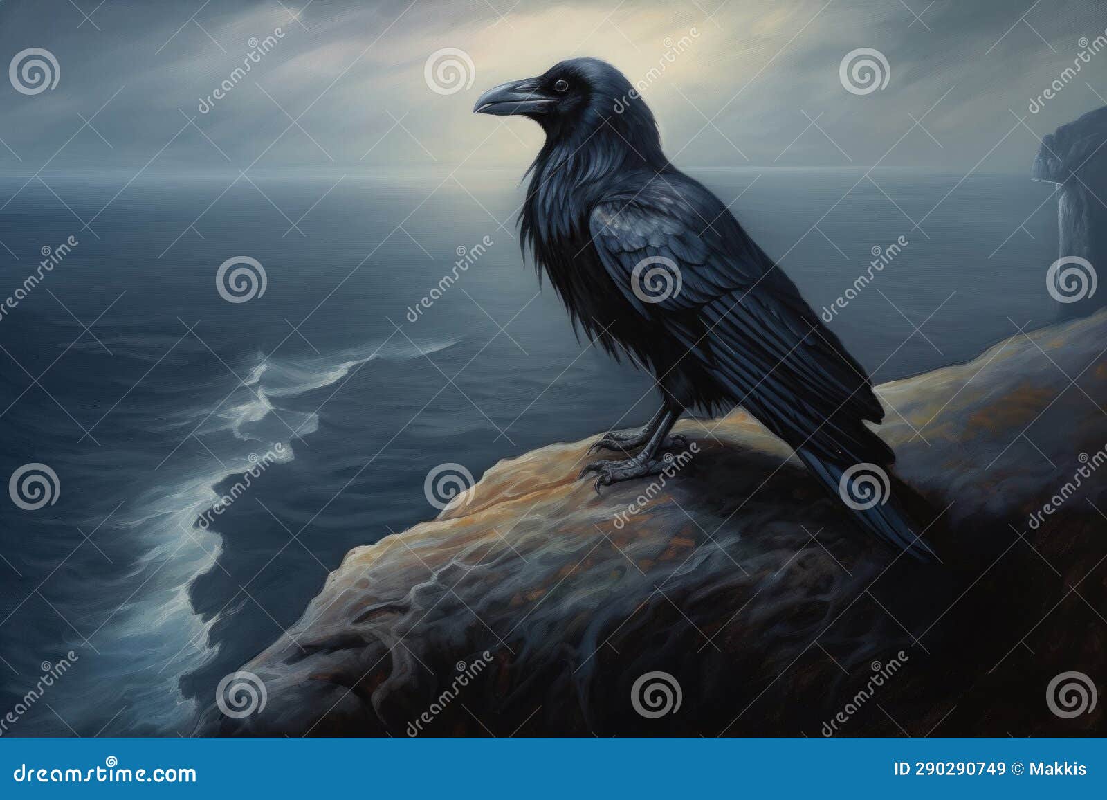 Illustration of Raven on Dark Cliffs, Seascape View Stock Illustration ...