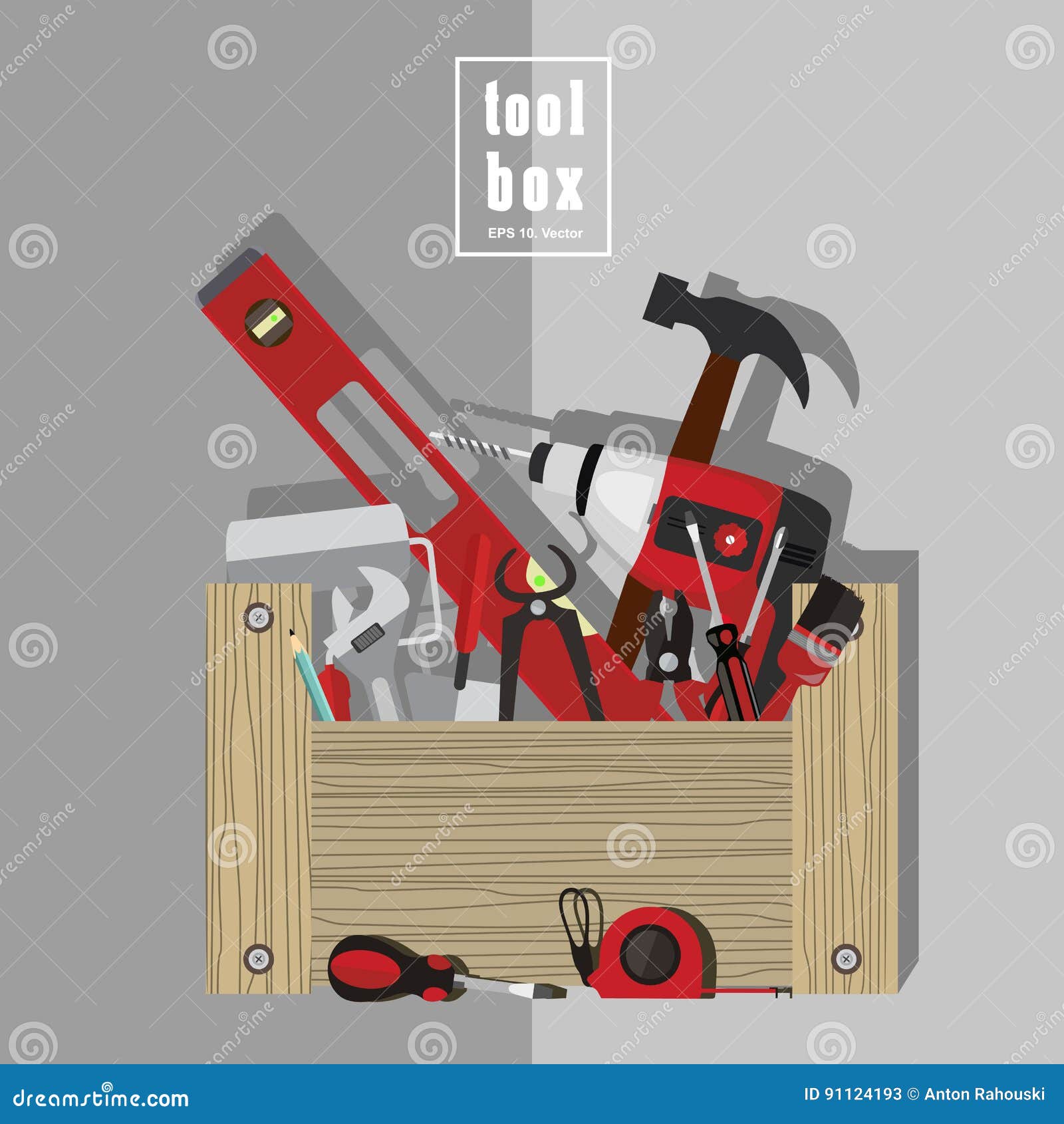 Illustration of Realistic Wooden Box with Tools, Construction Tools ...