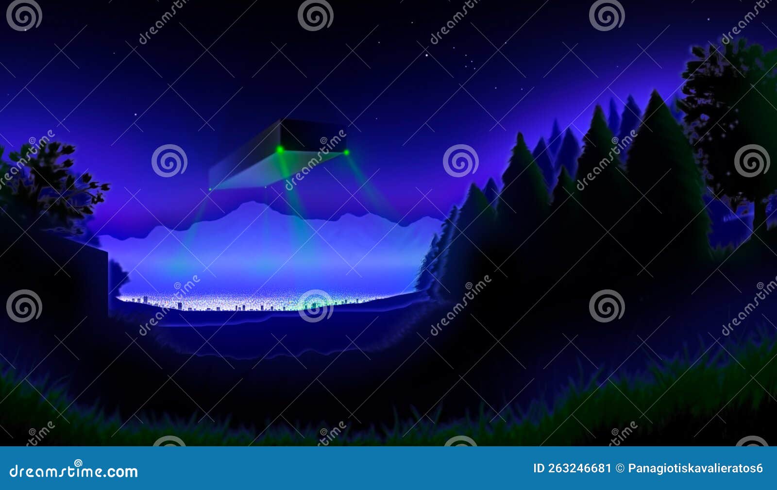 Alien Invasion. a Rectangular Prism Spaceship Hovers Above a City at ...