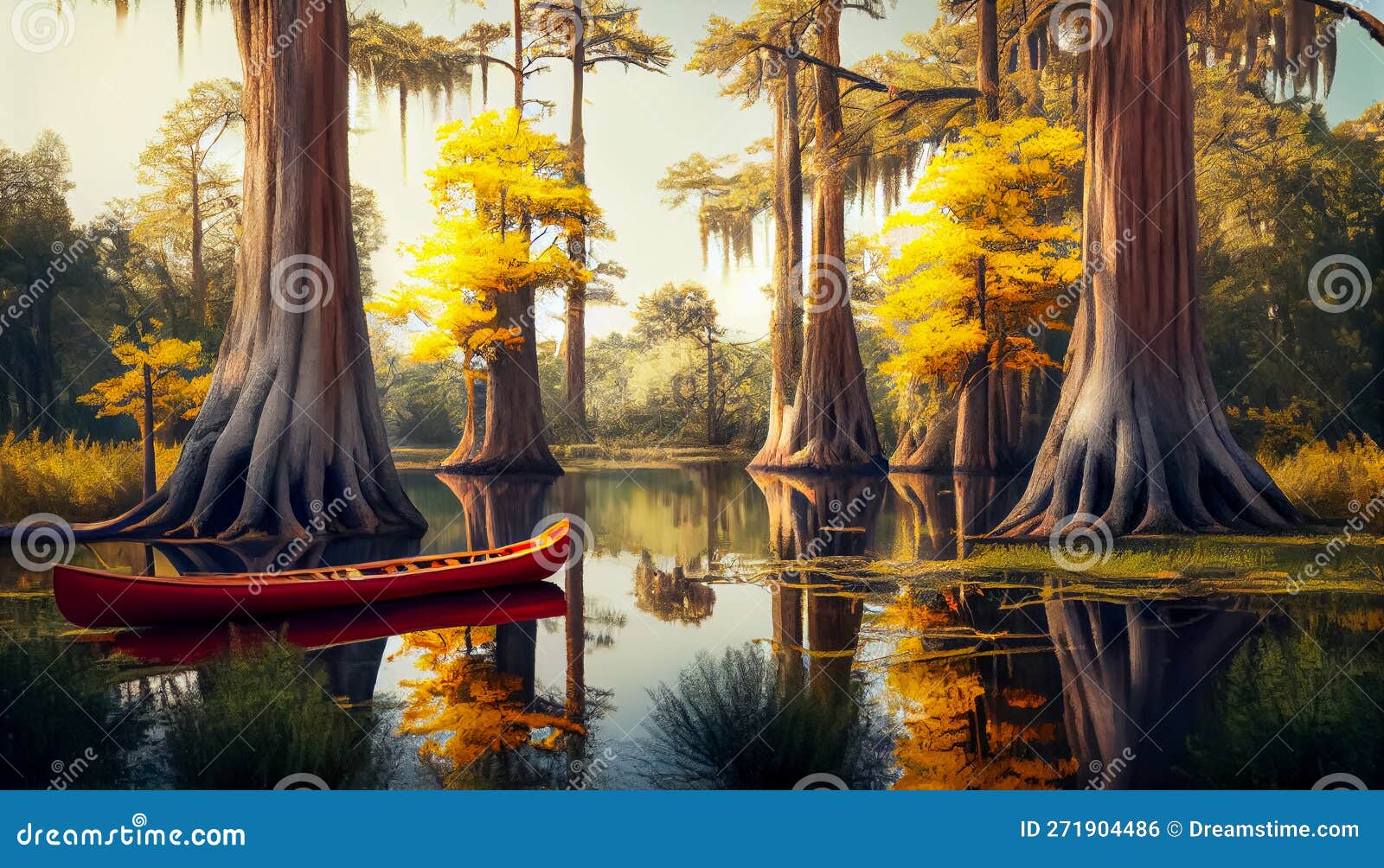 An Illustration of Red Canoe in Swamp Lands with Cypress Trees, AI ...