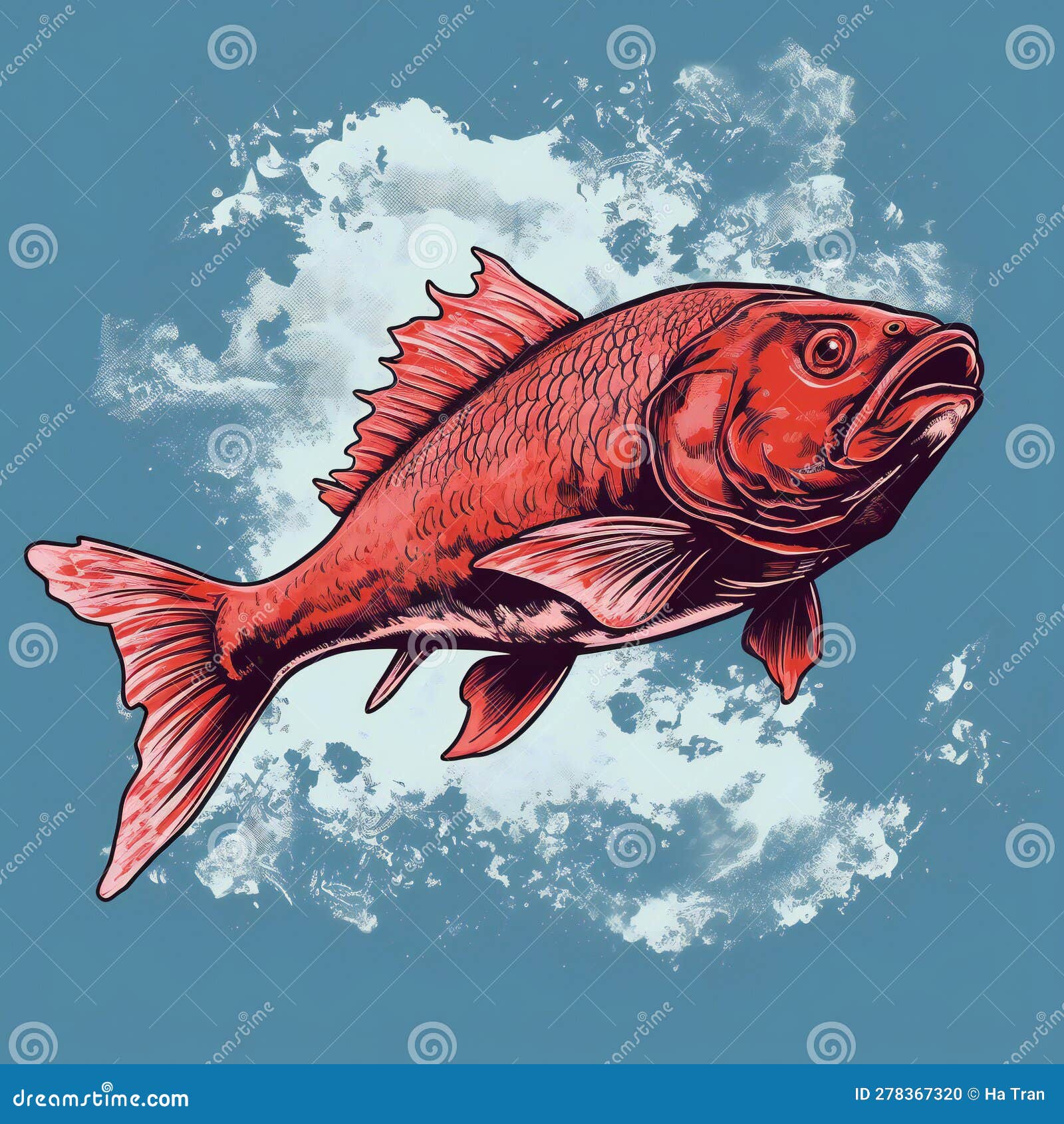 Illustration of a Red Fish on a Blue Background with Clouds Stock ...