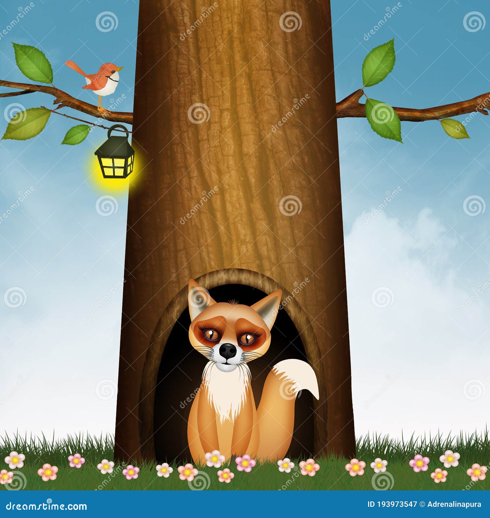 Illustration of Red Fox in the Den in the Tree Trunk Stock Illustration ...