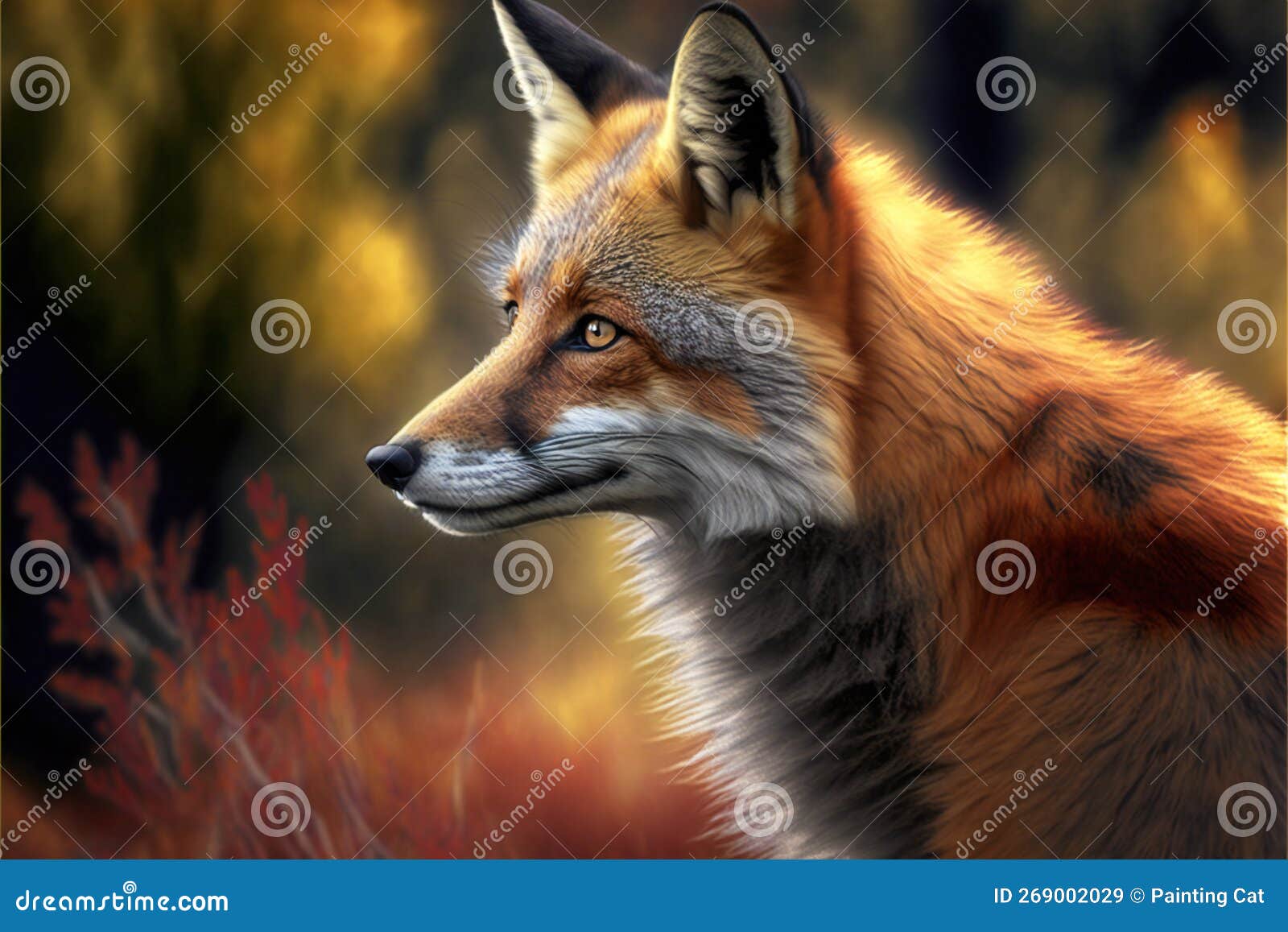 Red Fox Portrait with Forest Background, Creative Digital Illustration ...