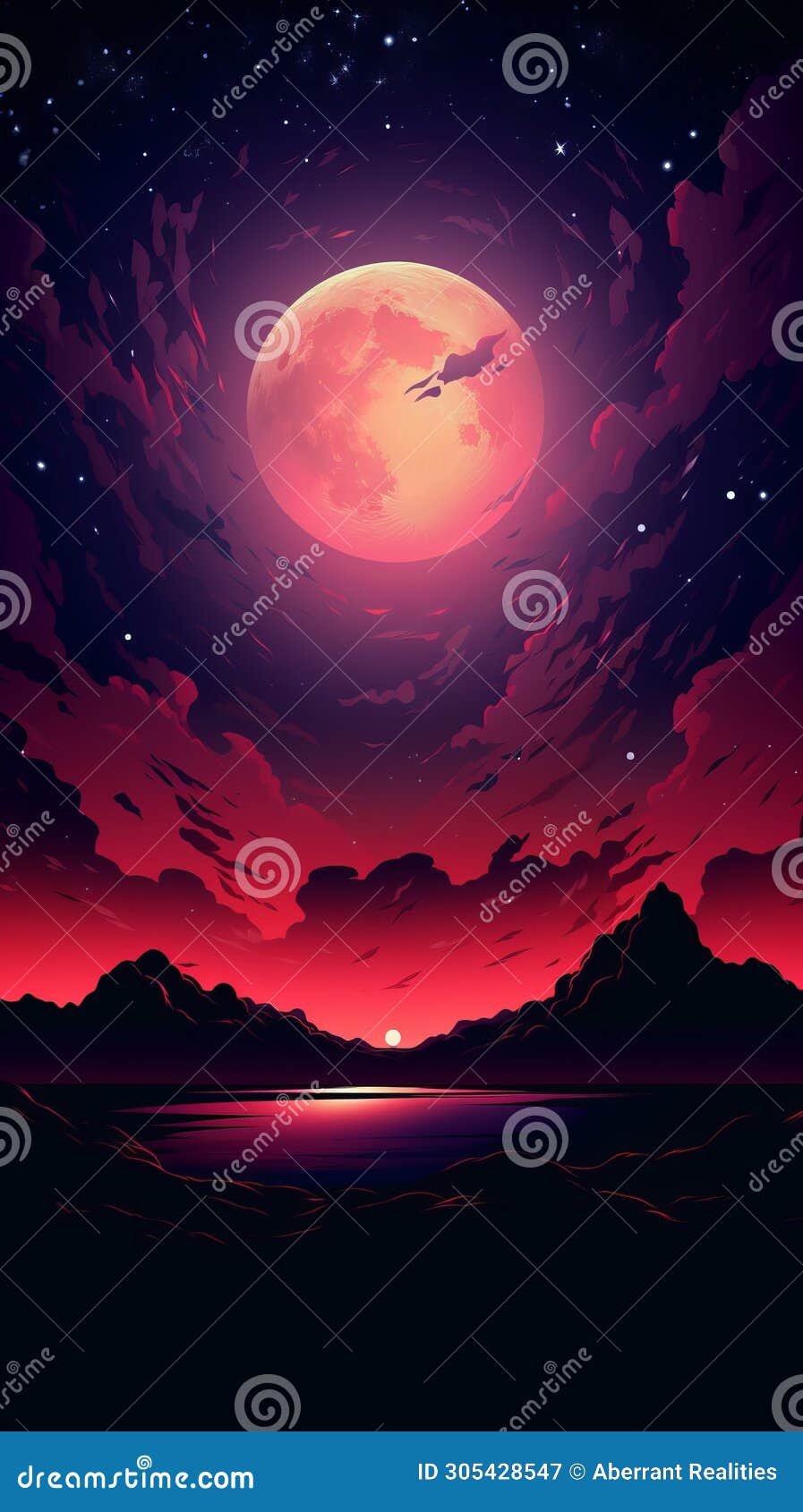 An Illustration of a Red Moon Over a Lake and Mountains Stock ...