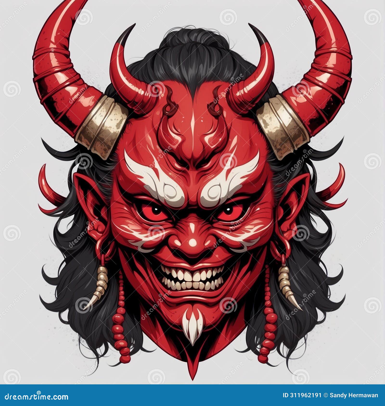 Illustration of a Red Oni Mask with Horns and Sharp Teeth Facing ...