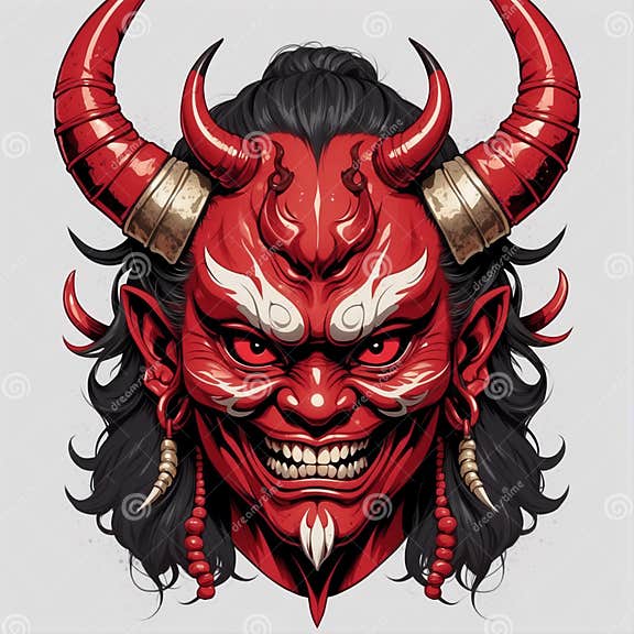 Illustration of a Red Oni Mask with Horns and Sharp Teeth Facing ...