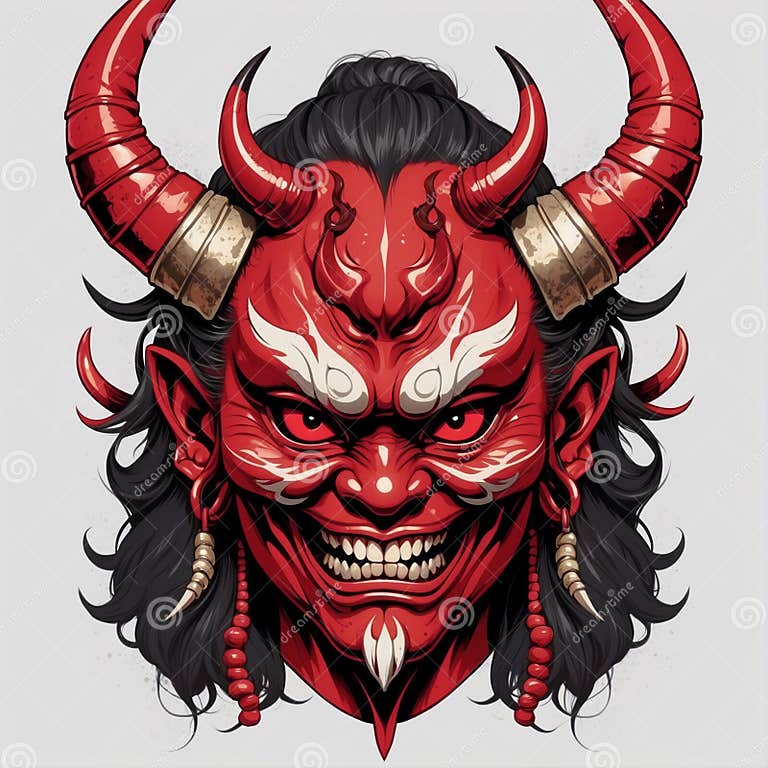 Illustration of a Red Oni Mask with Horns and Sharp Teeth Facing ...