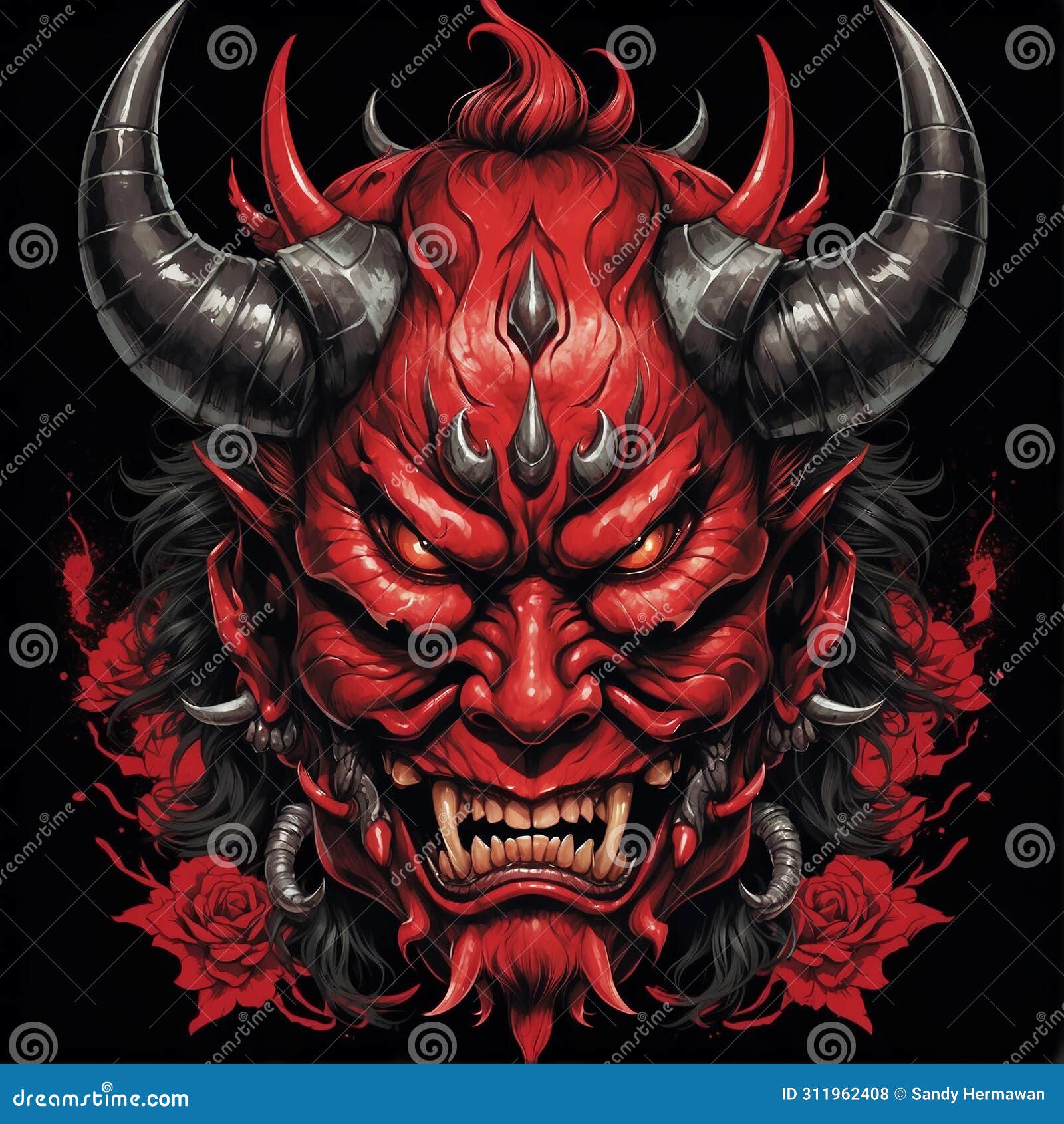 Illustration of a Red Oni Mask with Horns and Sharp Teeth Facing ...