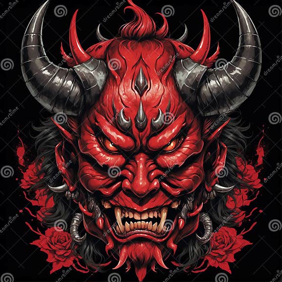 Illustration of a Red Oni Mask with Horns and Sharp Teeth Facing ...