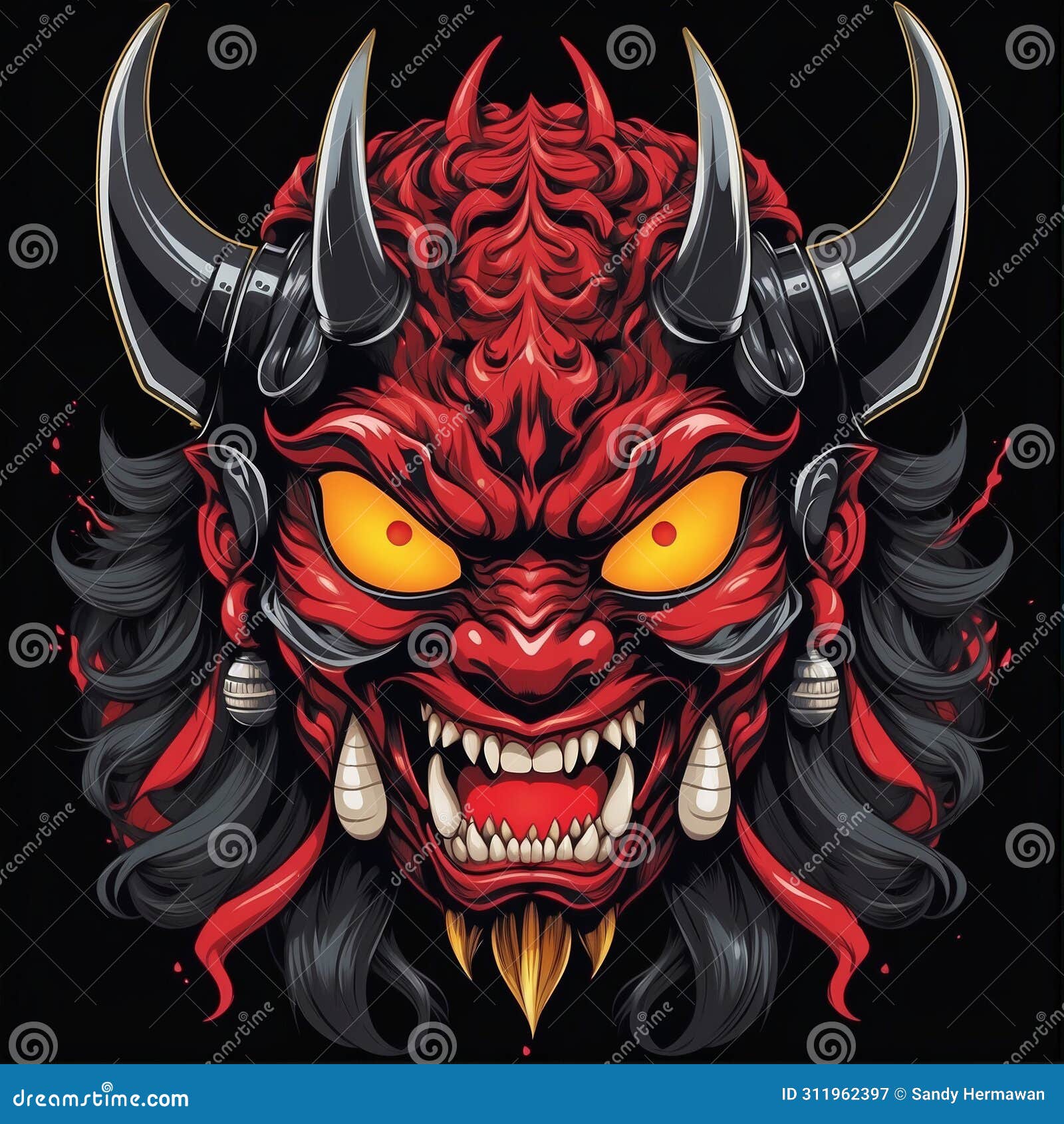 Illustration of a Red Oni Mask with Horns and Sharp Teeth Facing ...