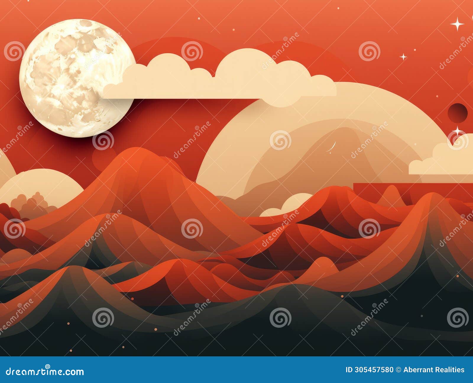 An Illustration of a Red and Orange Landscape with Mountains and a Full ...