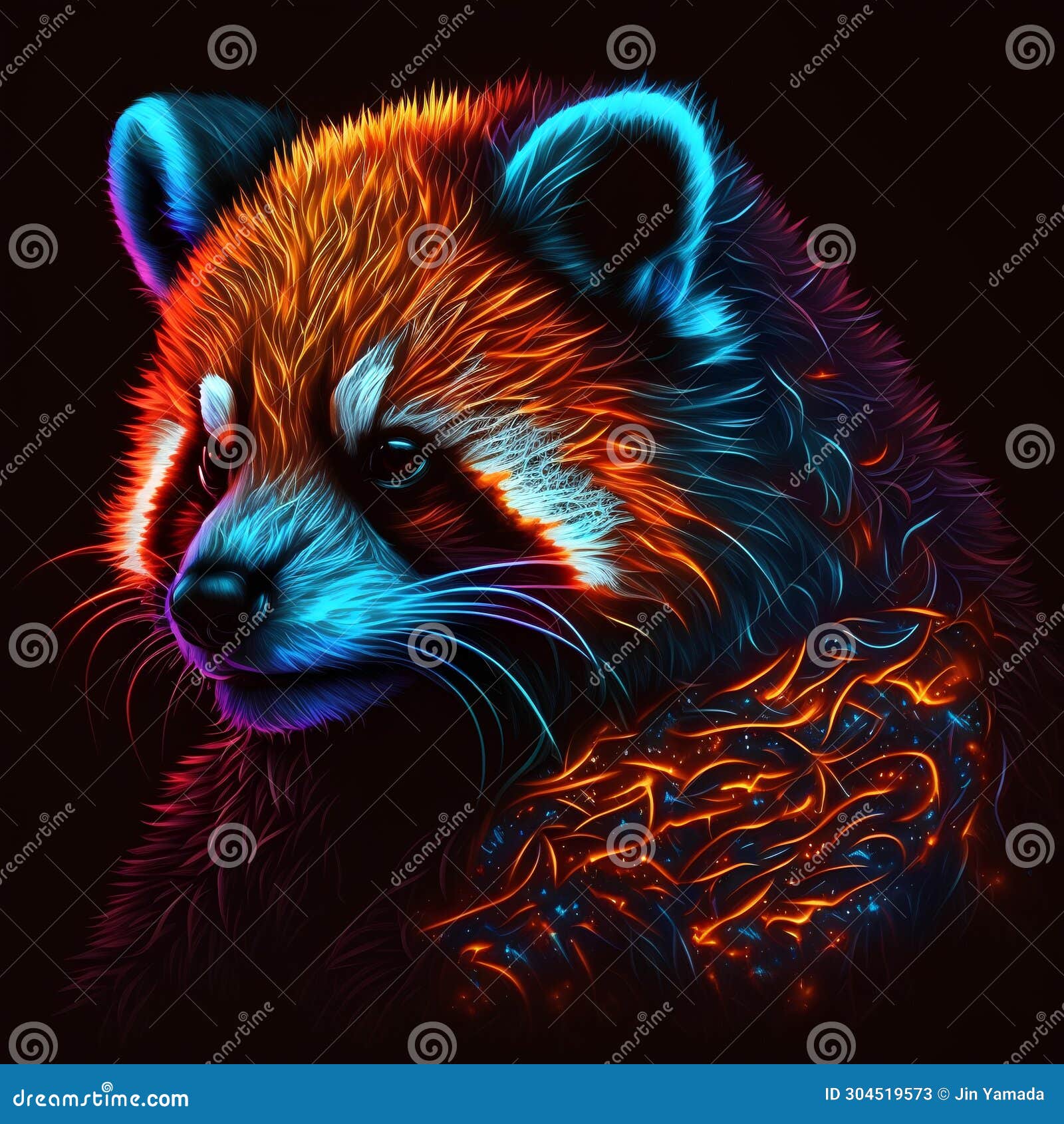 Illustration of a Red Panda on a Black Background with Colorful Lights ...