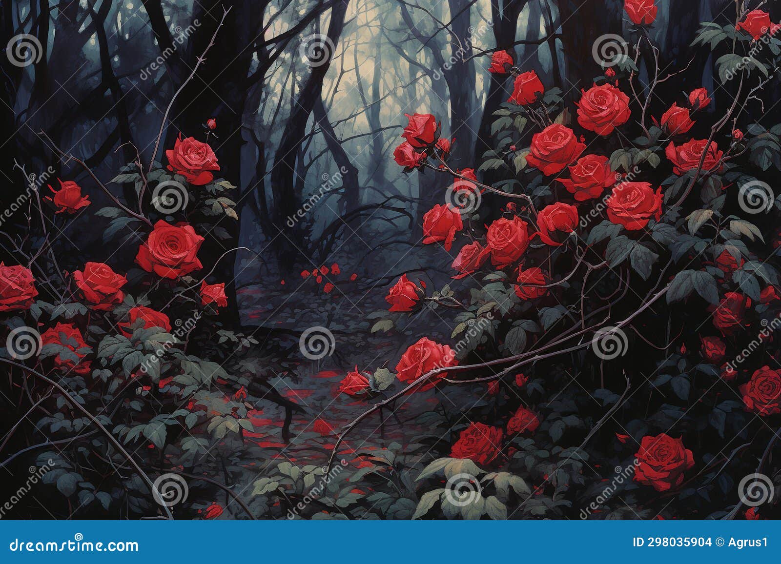 Illustration of Red Roses Flowers in the Dark Forest. Generative AI ...