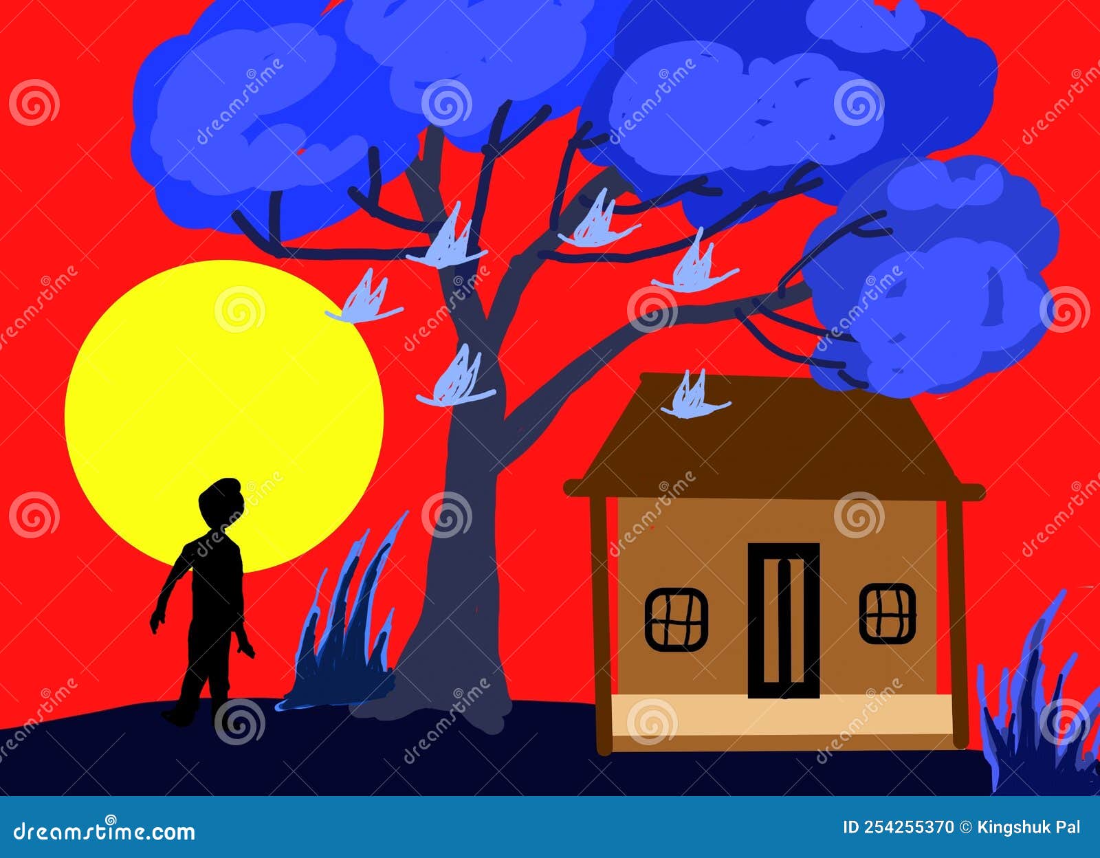 Illustration of Red Sky Blue Tree with Small House, and a Man Watching ...
