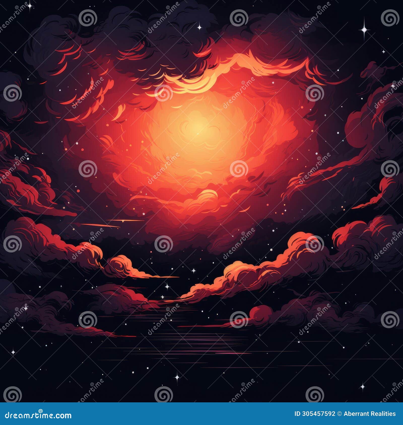 An Illustration of a Red Sky with Clouds and Stars Stock Illustration ...