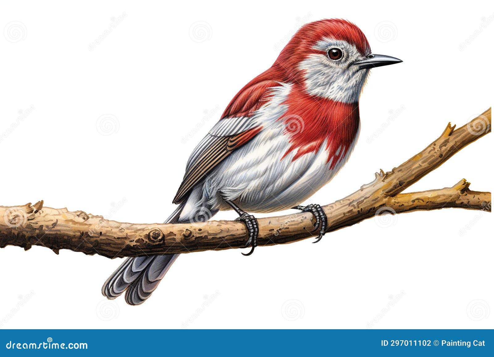 Red and White Bird Sitting on a Branch Isolated on a White Background ...