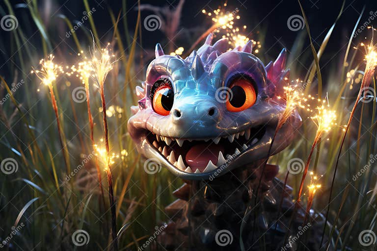 Render of a Monster in the Grass with Firework Stock Illustration ...