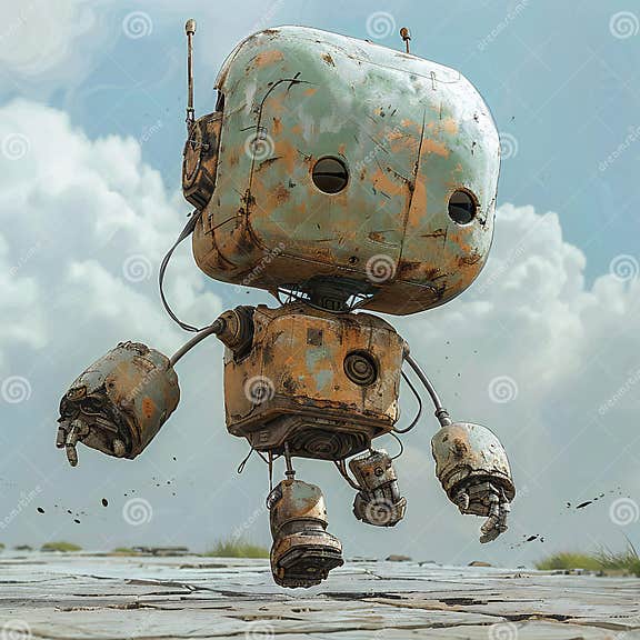 Rendering of an Old Rusty Robot on a Background of Blue Sky Stock ...